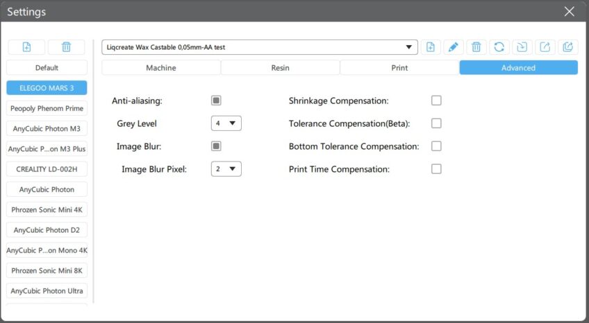 Anti-aliasing (AA) settings to smooth Wax Castable resin 3D parts